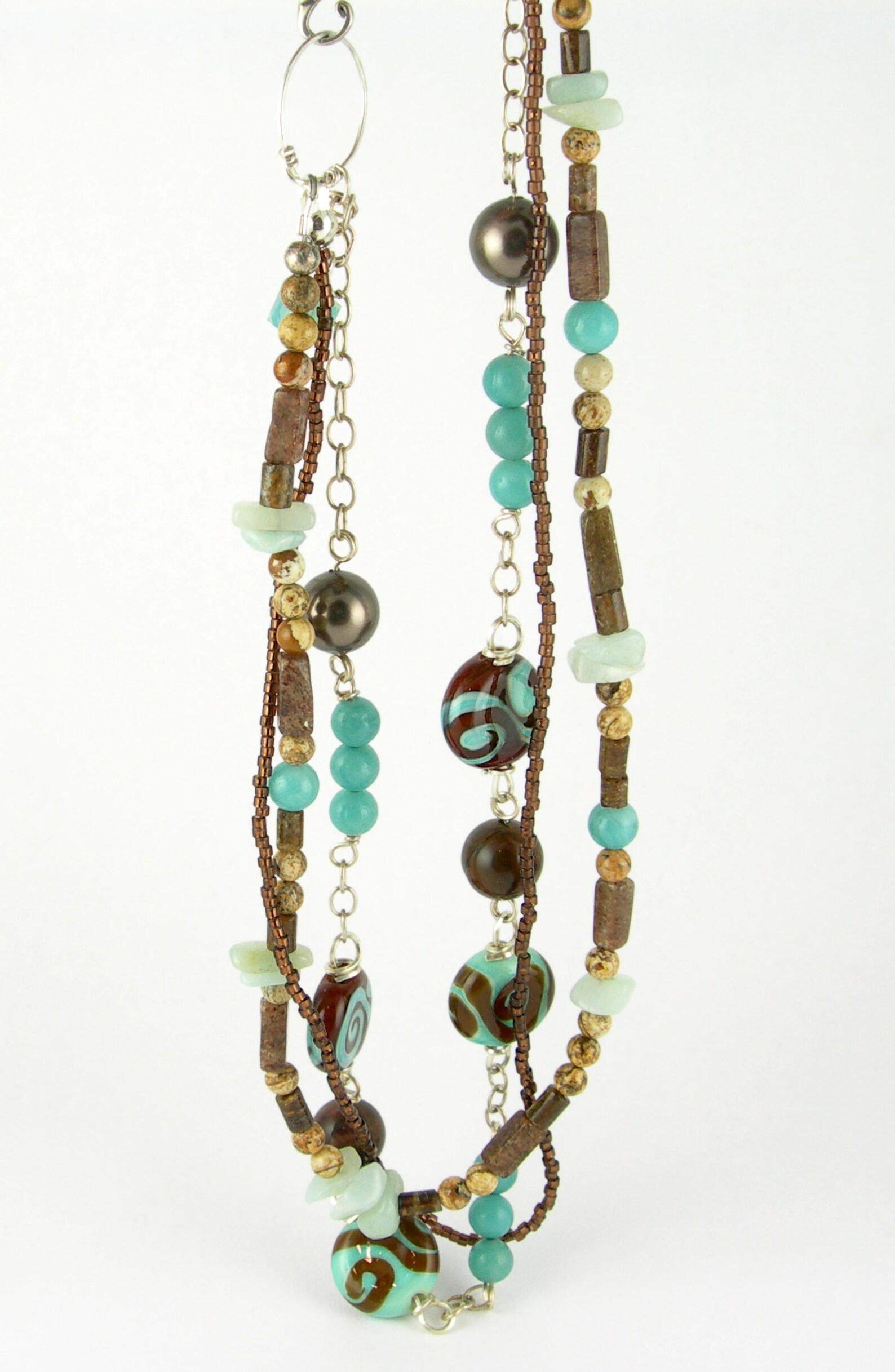 Boho Long Layered Necklace in Sterling Silver With Lampwork Glass ...