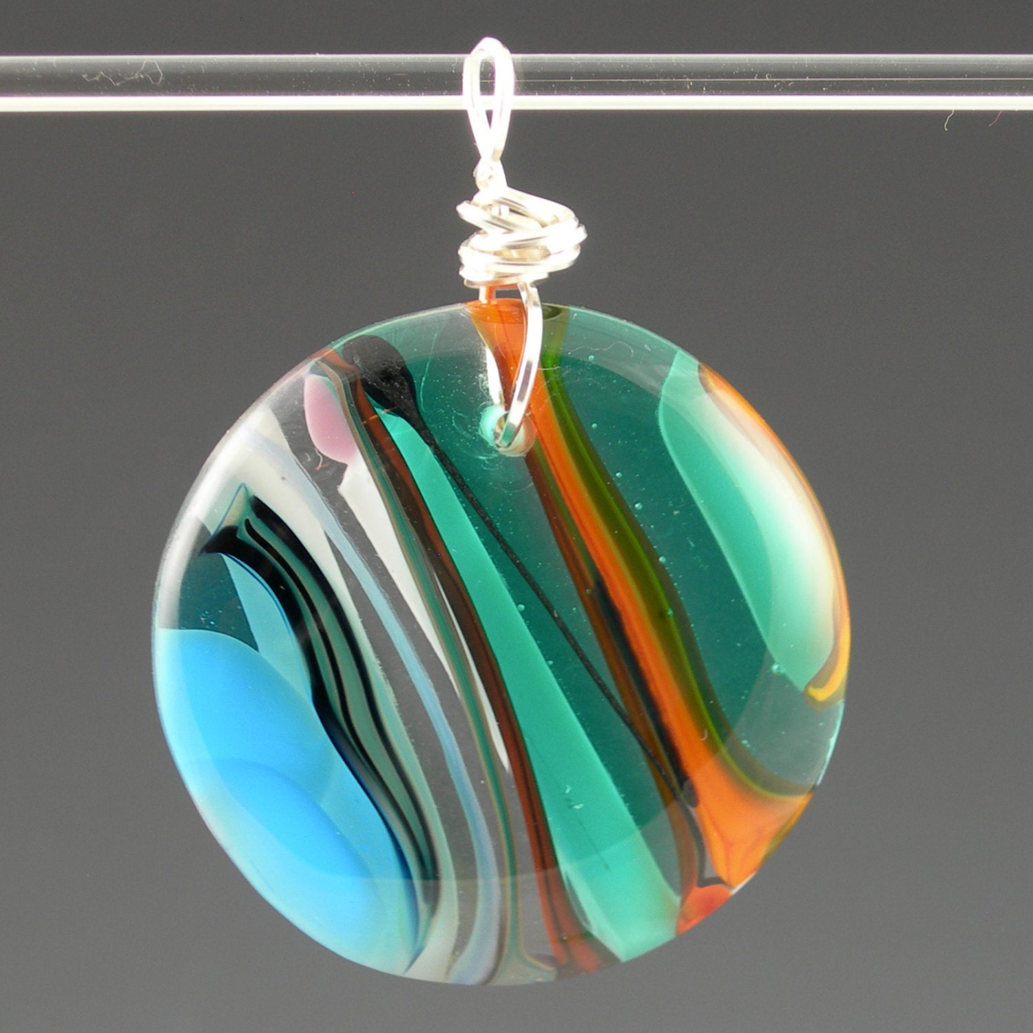 Fused Glass Circle Pendant in Turquoise Blue Teal Orange Black With ...