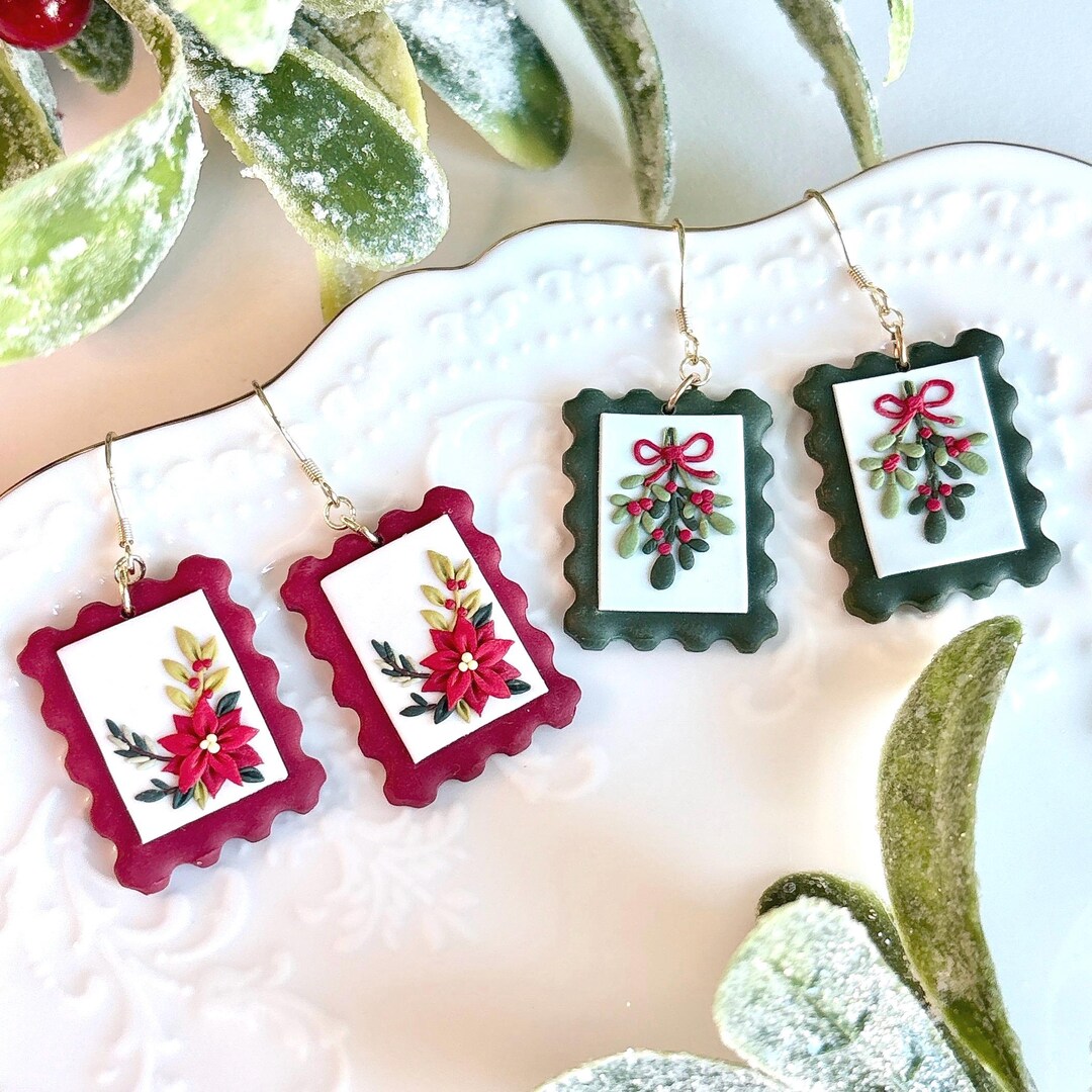 Christmas Stamp Earrings Poinsettia Mistletoe Holiday Earrings Polymer ...