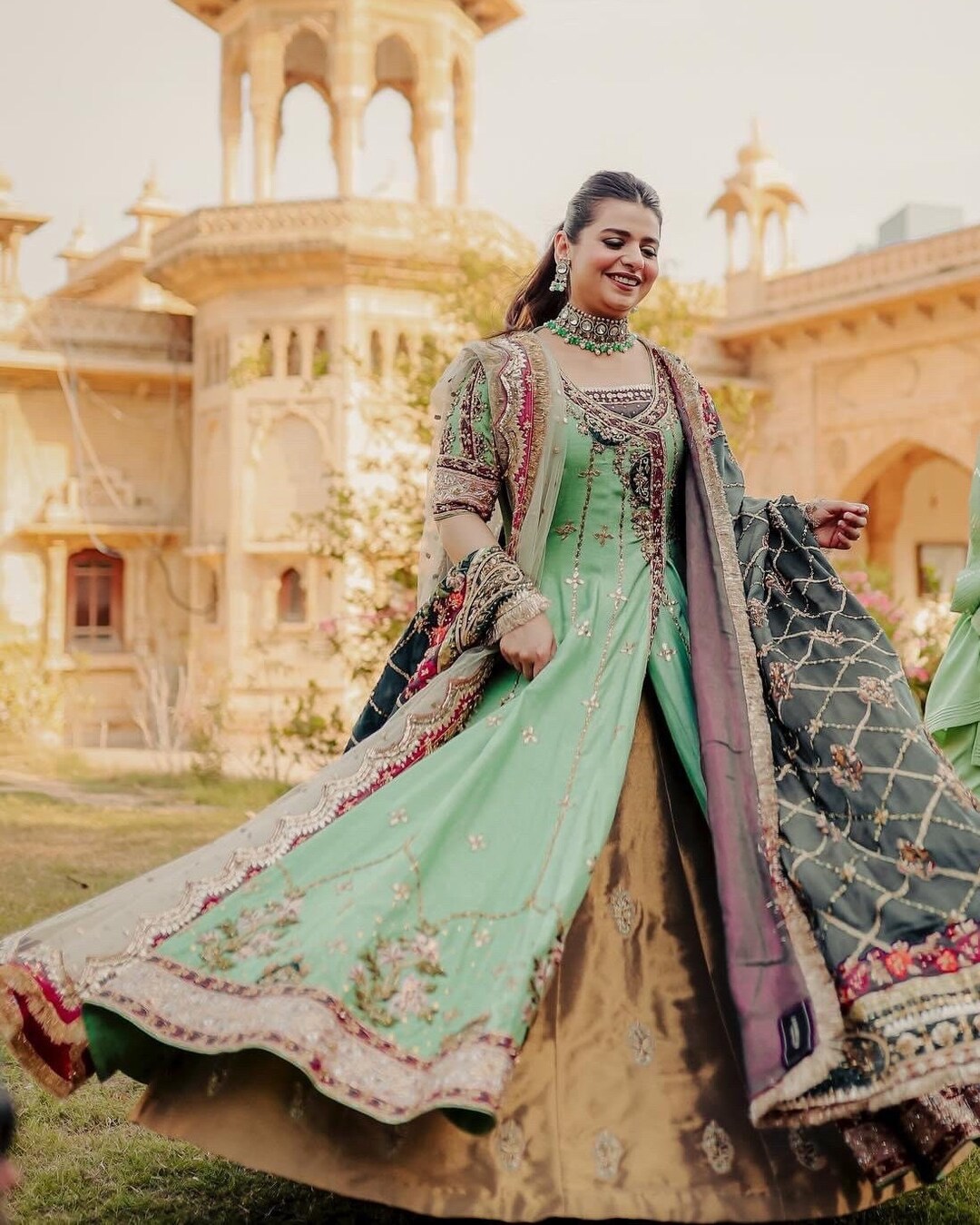 Pista Green Bridal Angarkha Dress With Heavy Bridal Shawl Dupatta With ...