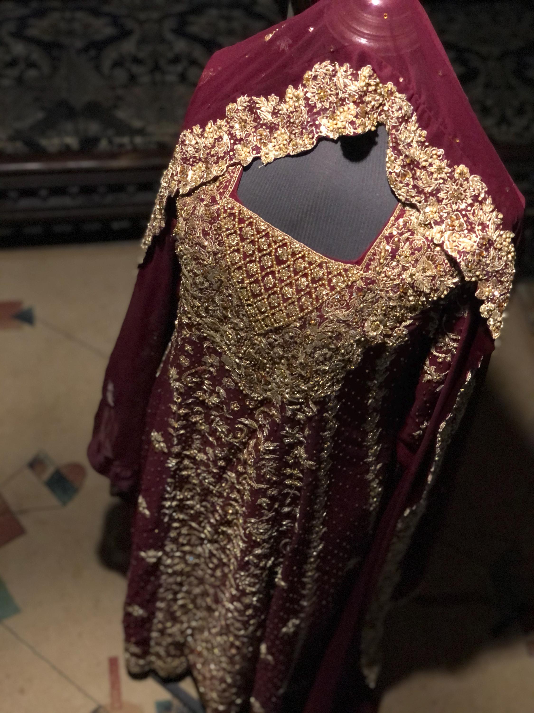 Custom Maroon and Gold Pakistani Bridal Dress | Hand-embroidered Kora ...