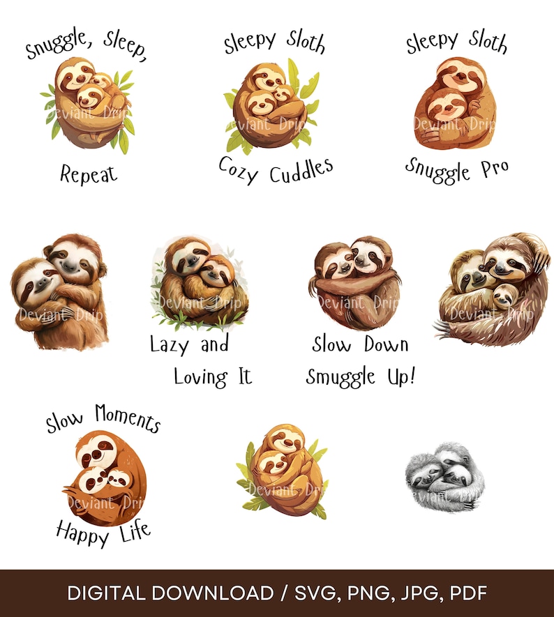 Snuggling Sloth SVG Bundle: Baby Sloth Clipart (digital Download) - Etsy UK