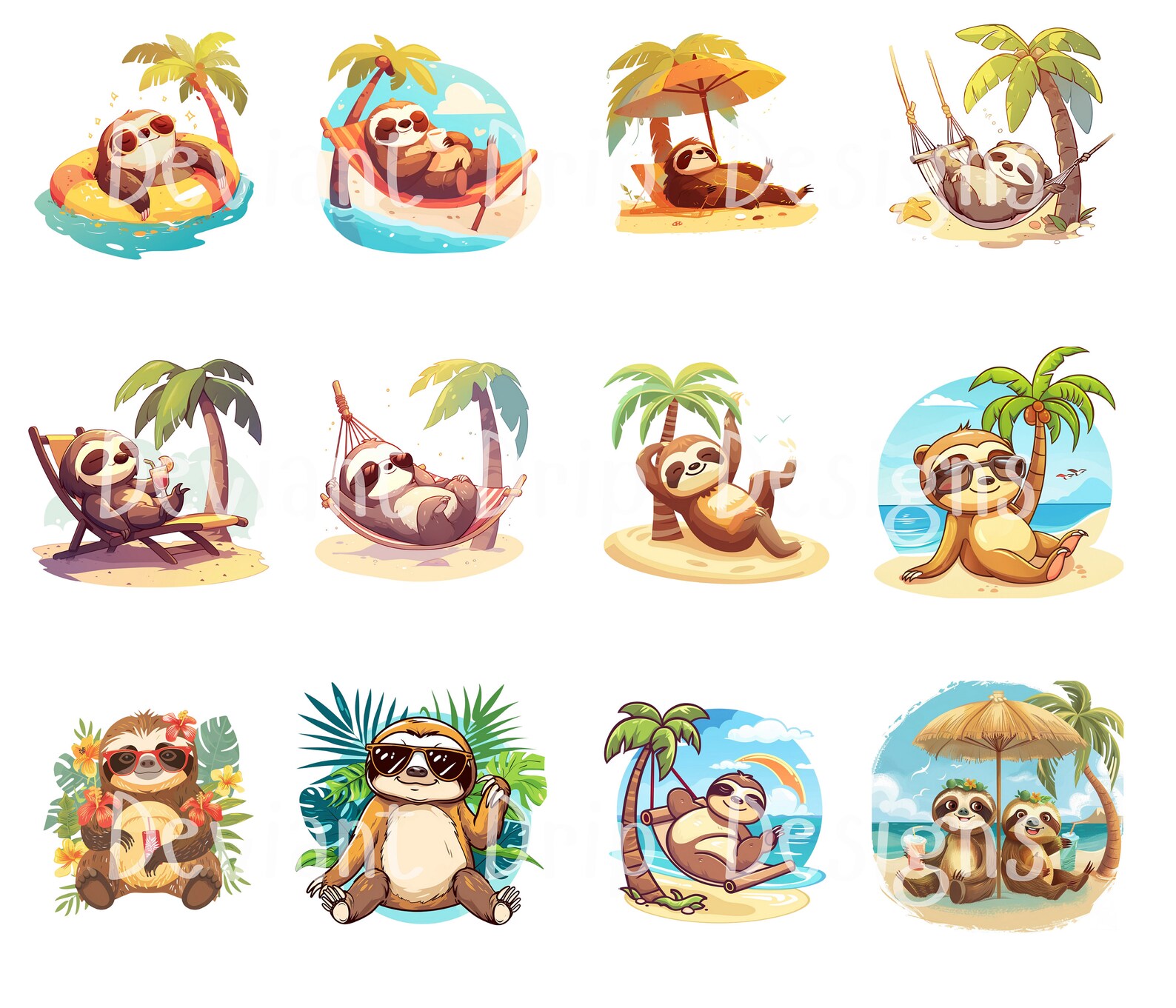 12 SLOTH Beach BUNDLE, Sloth SVG, Sloth Png, Sloth Clipart, Cute Sloth ...