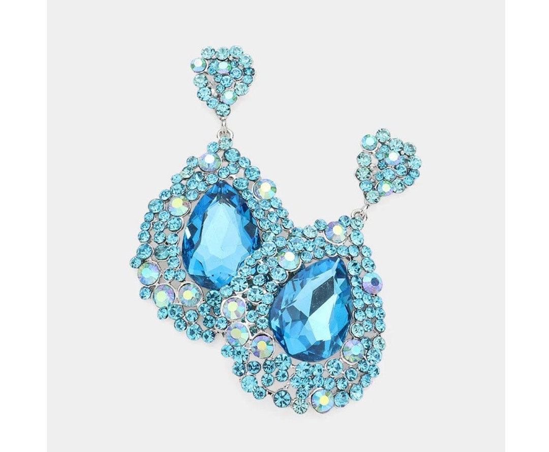 Aqua Crystal Teardrop Prom Pageant Bridal Wedding Dangle Chunky Evening ...