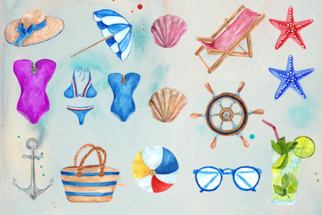 Watercolor Nautical Summer Clipart Set 30 High Resolution PNG Elements ...