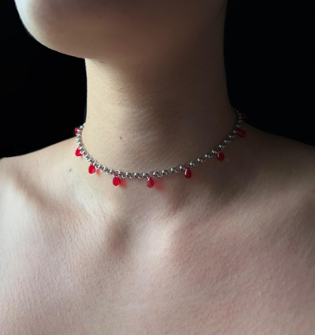 Blood Red Chainmail and Drop Bead Choker Necklace, Stainless Steel ...