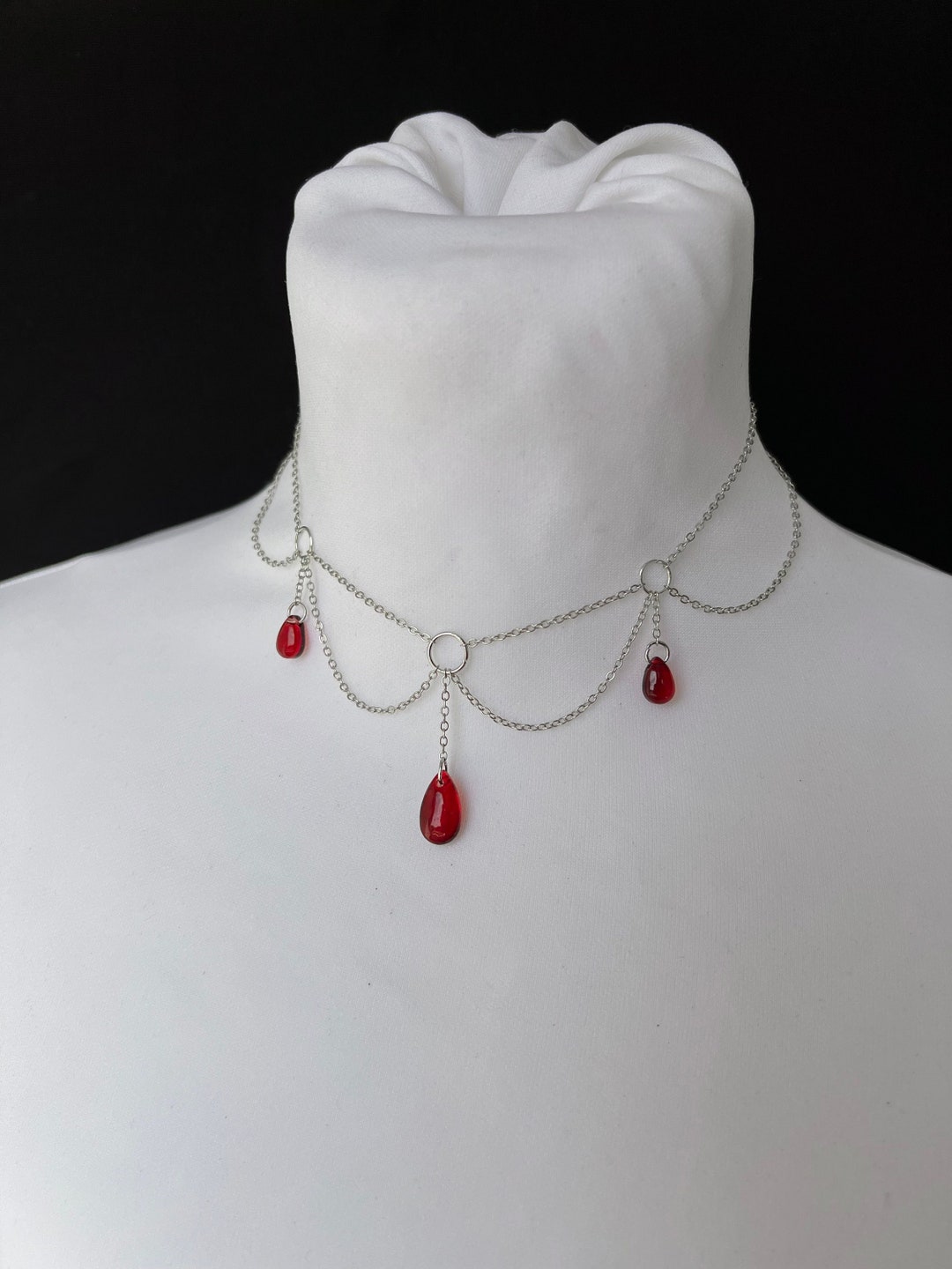 Royal Choker Necklace in Silver Metal and Blood Red Drop Beads, Draped ...