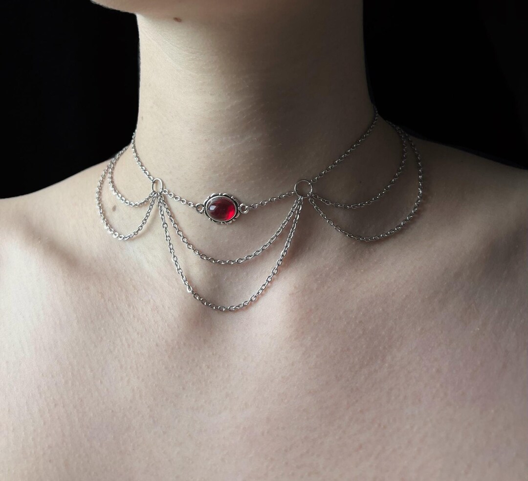 Adjustable Choker Necklace With Red Medallion and Draped Fine Chain ...