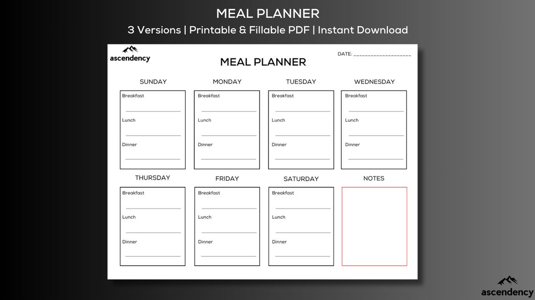 Printable Simplistic Weekly Meal Planner Landscape, Food Diary, Meal ...