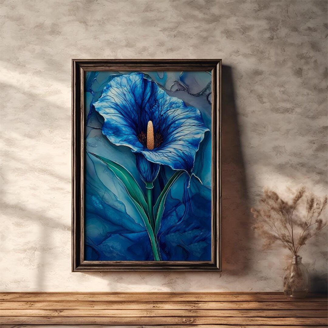 Blue Flower Art Print, Digital Watercolor, Modern Botanical Art, Wall ...