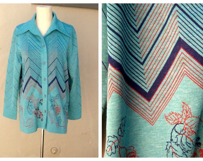 60s 70s Chevron Print Double Knit Jacket / Aqua Teal Blue & Red Button ...