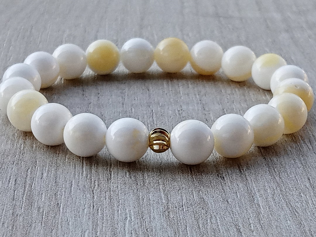 White Agate 10mm and 14k Gold Beads Bracelet, Elegant White Stone ...