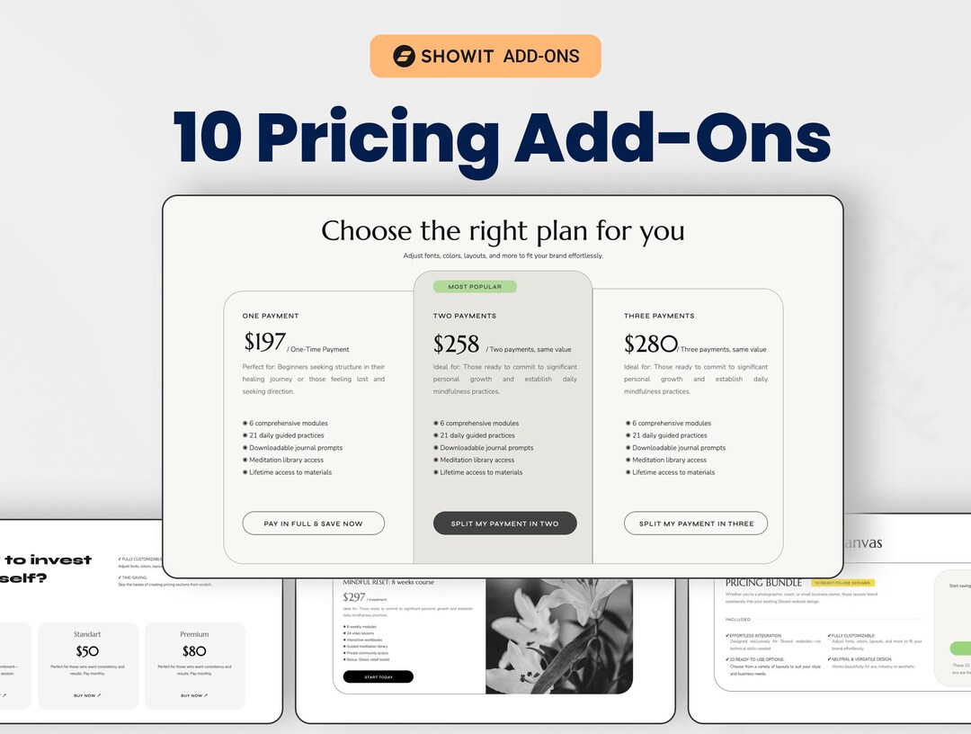 Showit Add-on Canvas Pricing Bundle, Website Template, Showit Website ...