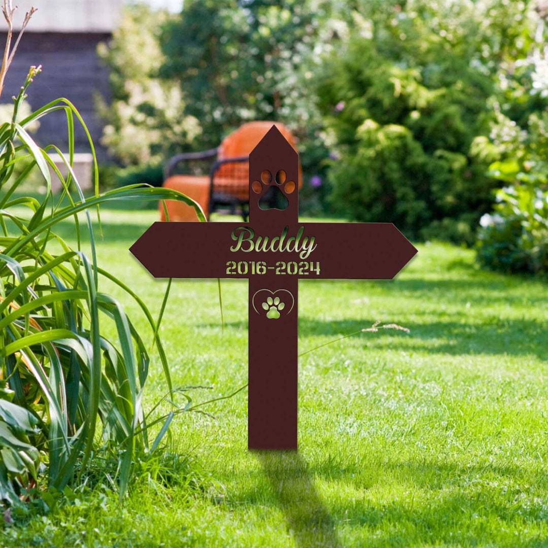 Personalized Pet Cross Memorial Stake, Dog Paw Prints Grave Marker ...
