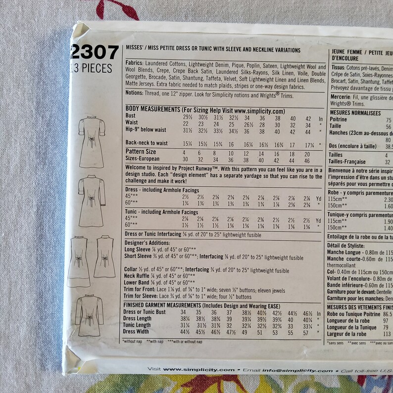 Simplicity 2307 Complete Uncut Factory Folds Sewing Pattern Project ...