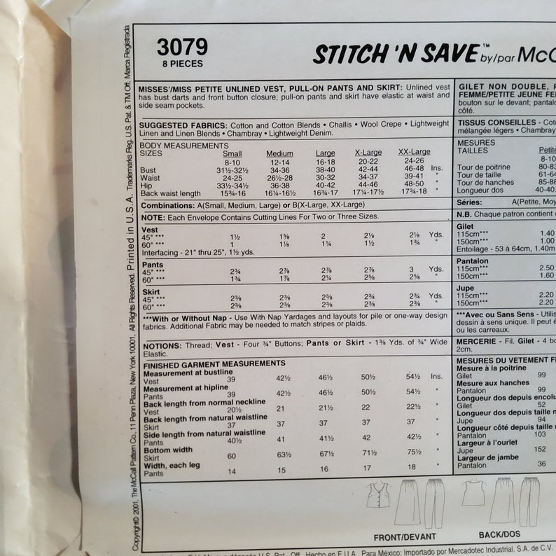 Mccalls Stitch 'n Save 3079 Complete Uncut Factory Folds Vintage 2001 ...