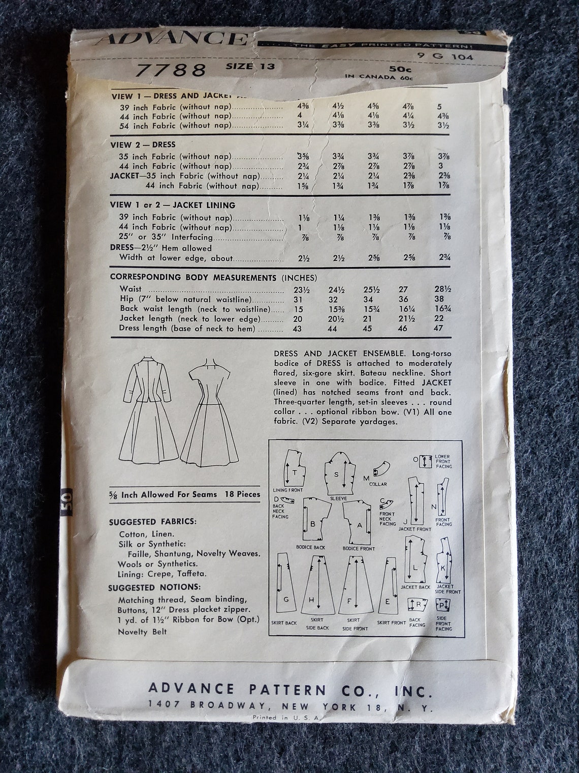 Advance 7788 Cut Complete Vintage 50s Sewing Pattern Dress and - Etsy