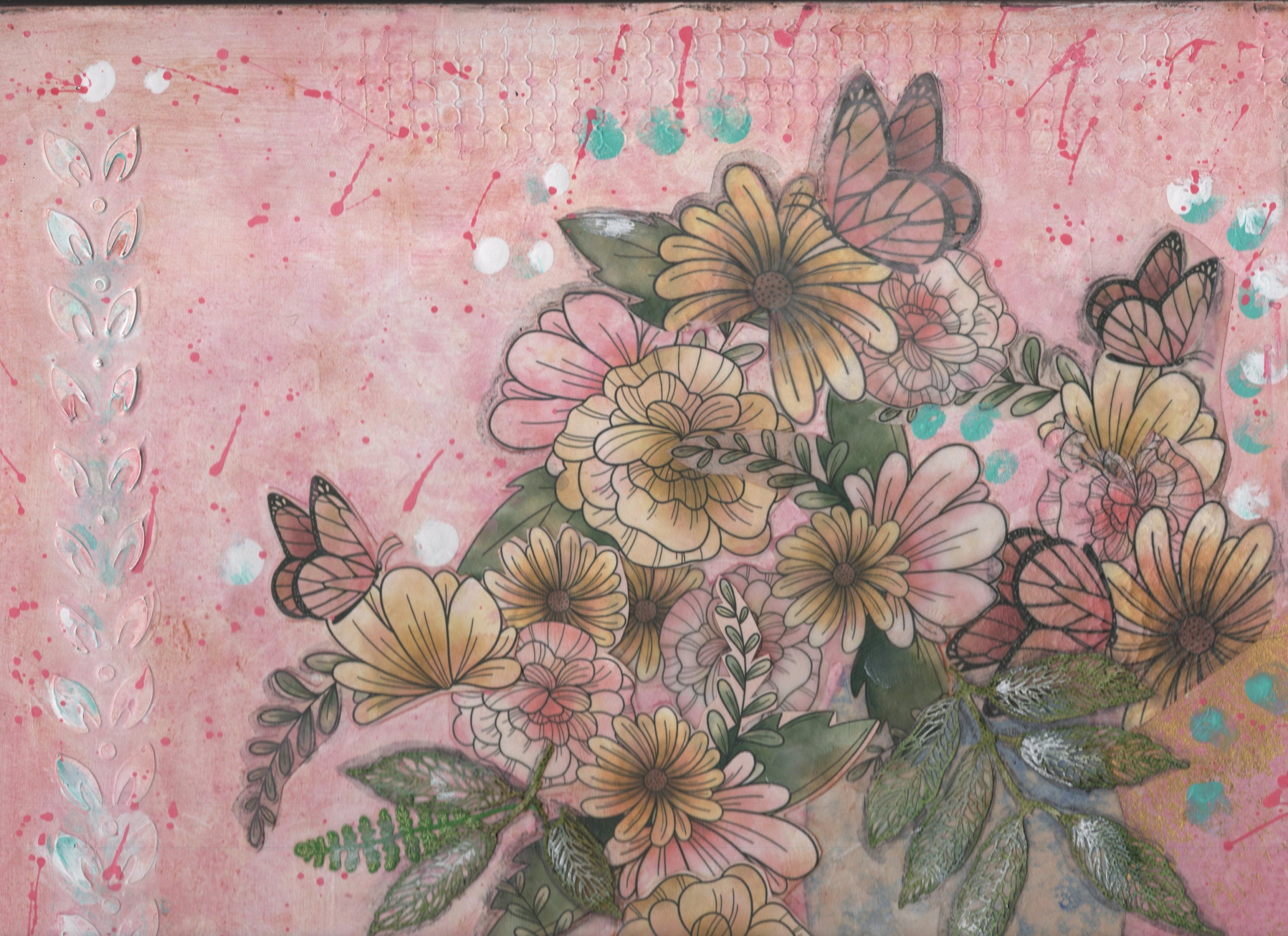Original Collage Painting Floral Still Life 4 Butterflies Contemporary ...