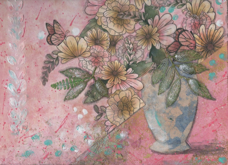 Original Collage Painting Floral Still Life 4 Butterflies Contemporary ...