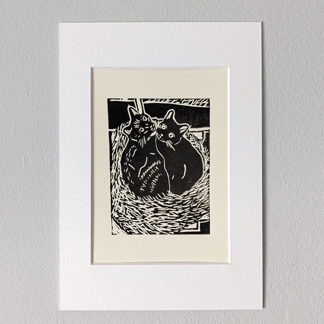 Cat Lino Print - Two Cuddling Cats - Etsy UK