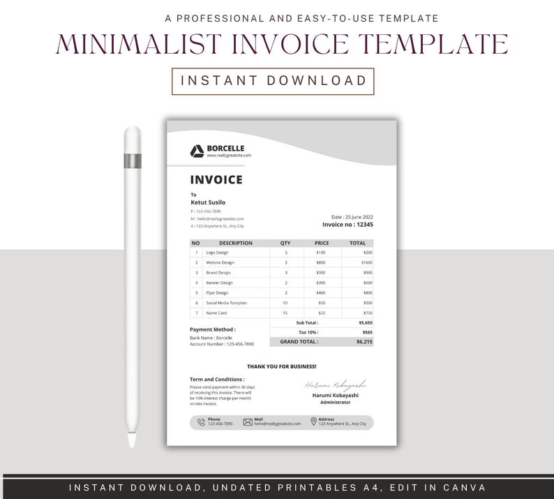 Modern Invoice Template, Invoice Form Layout, Printable Business Receipt, Editable Invoice Sheet ...