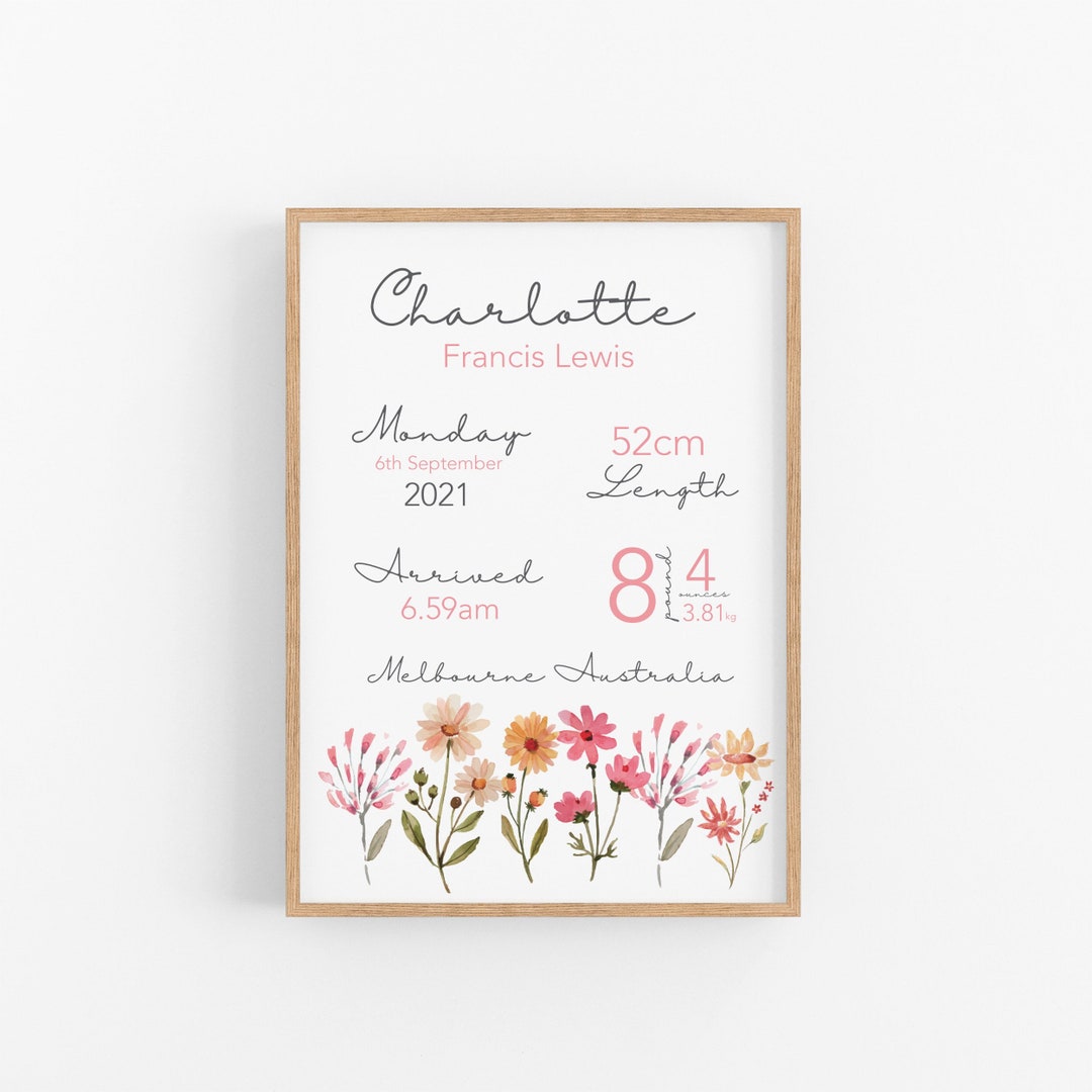 New Baby Girl Birth Announcement Print, Floral Girls Birth Stat Print ...