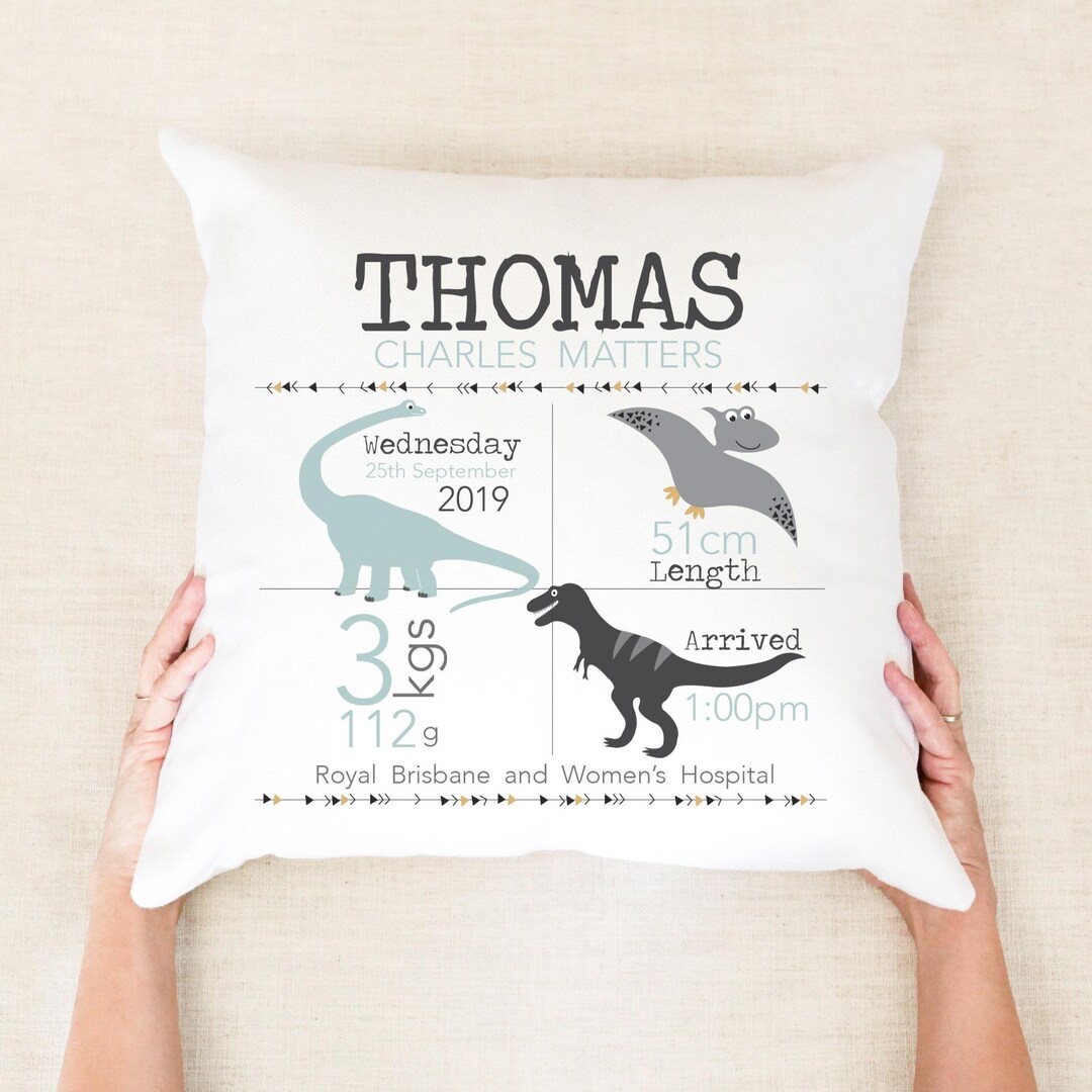 Dinosaur Birth Announcement Custom Birth Stats Pillow Dinosaur Nursery ...