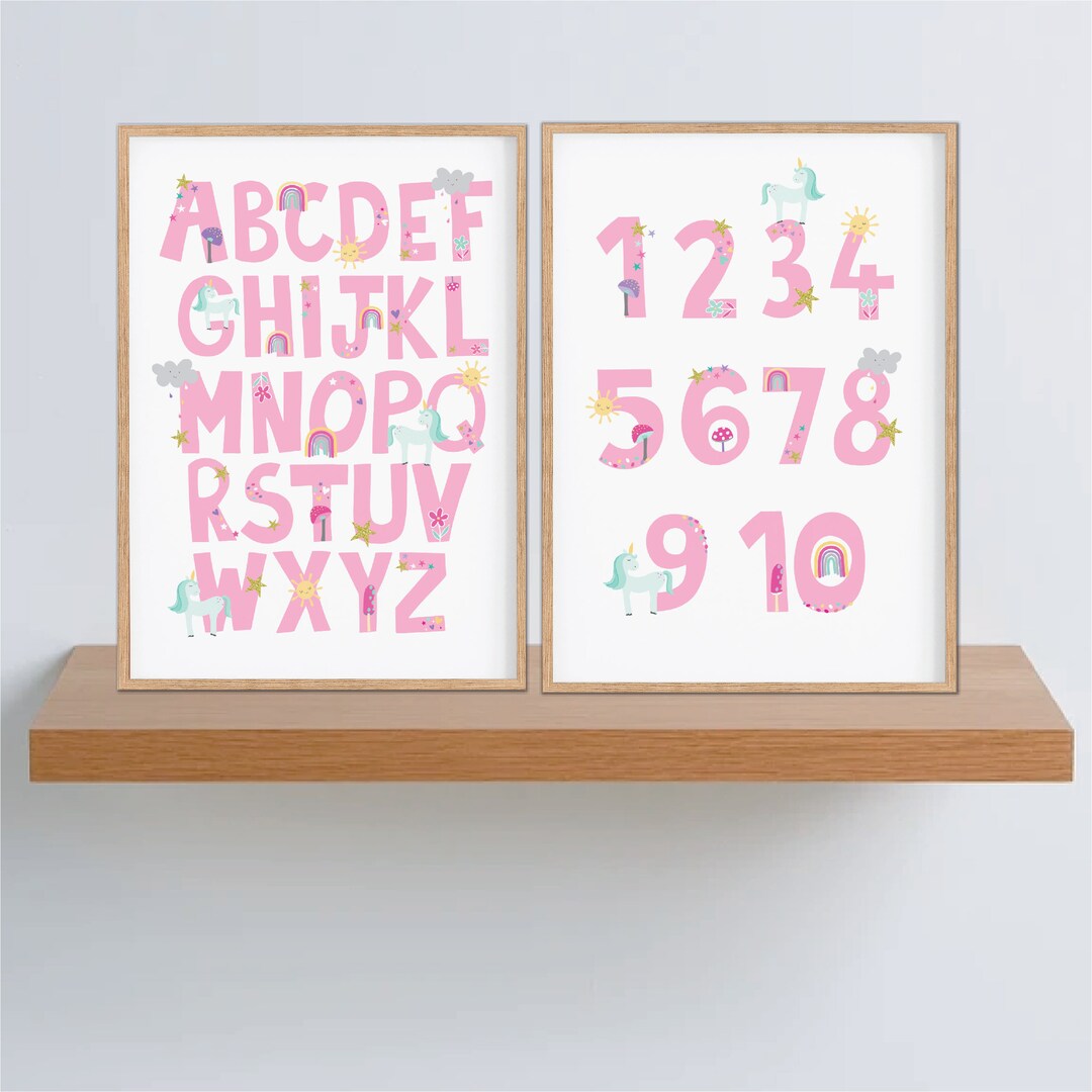 Girls Pink Unicorn ABC Alphabet Number Wall Art Printables Pastel Pink ...