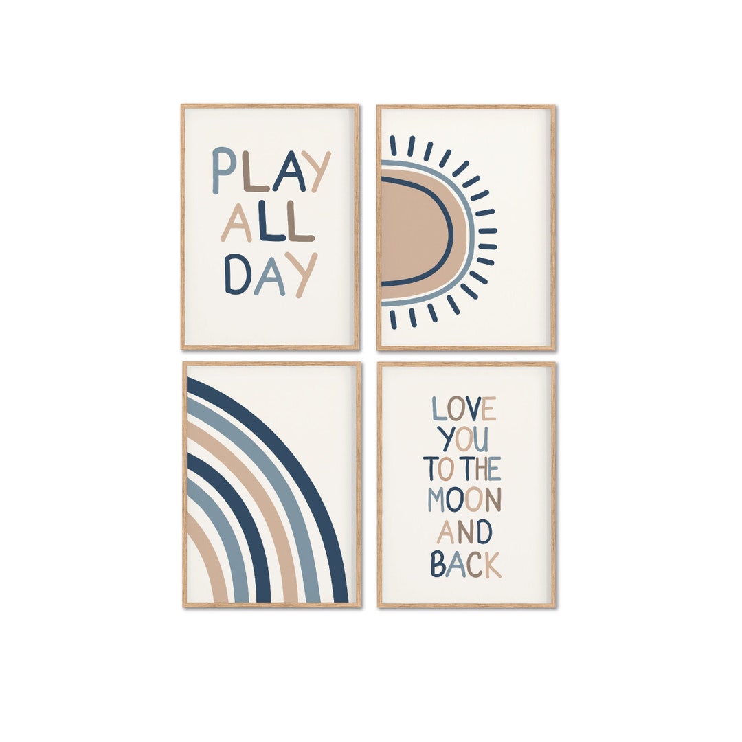 Blue Printable Play All Day Boho Rainbow Sun Neutral Printable Set of 4 ...