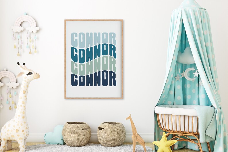 Retro Name Print, Boys Personalised Print, Wavy Text Name Print, Boys ...
