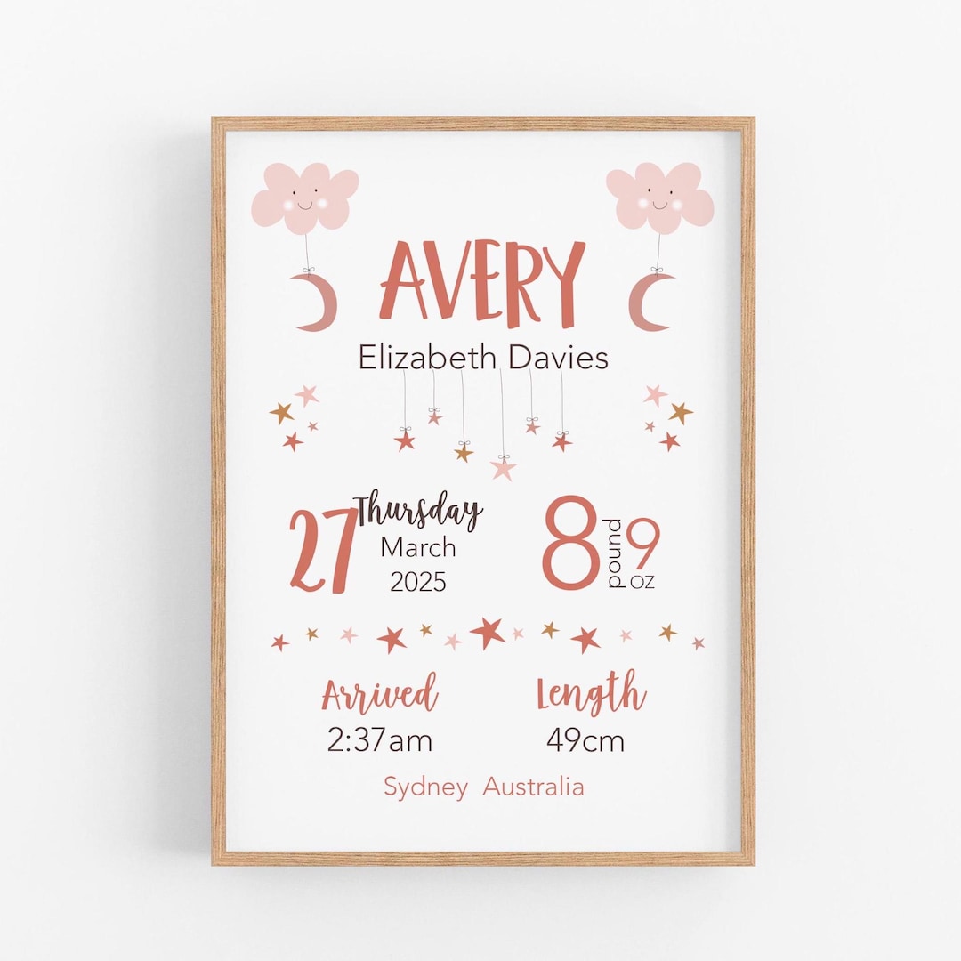 Personalised Baby Birth Stat Print Birth Announcement Star Moon Nursery ...