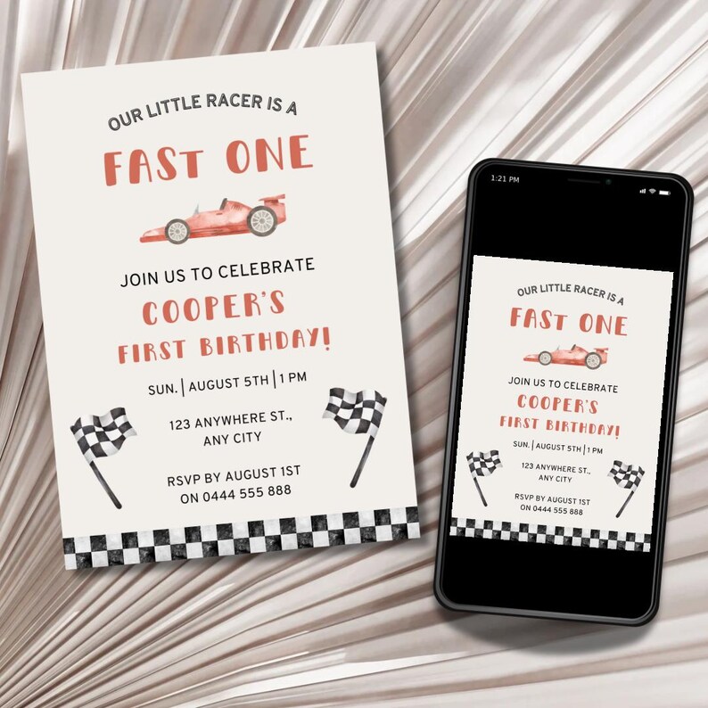 Race Car First Birthday Invitation Digital & Editable Customisable ...