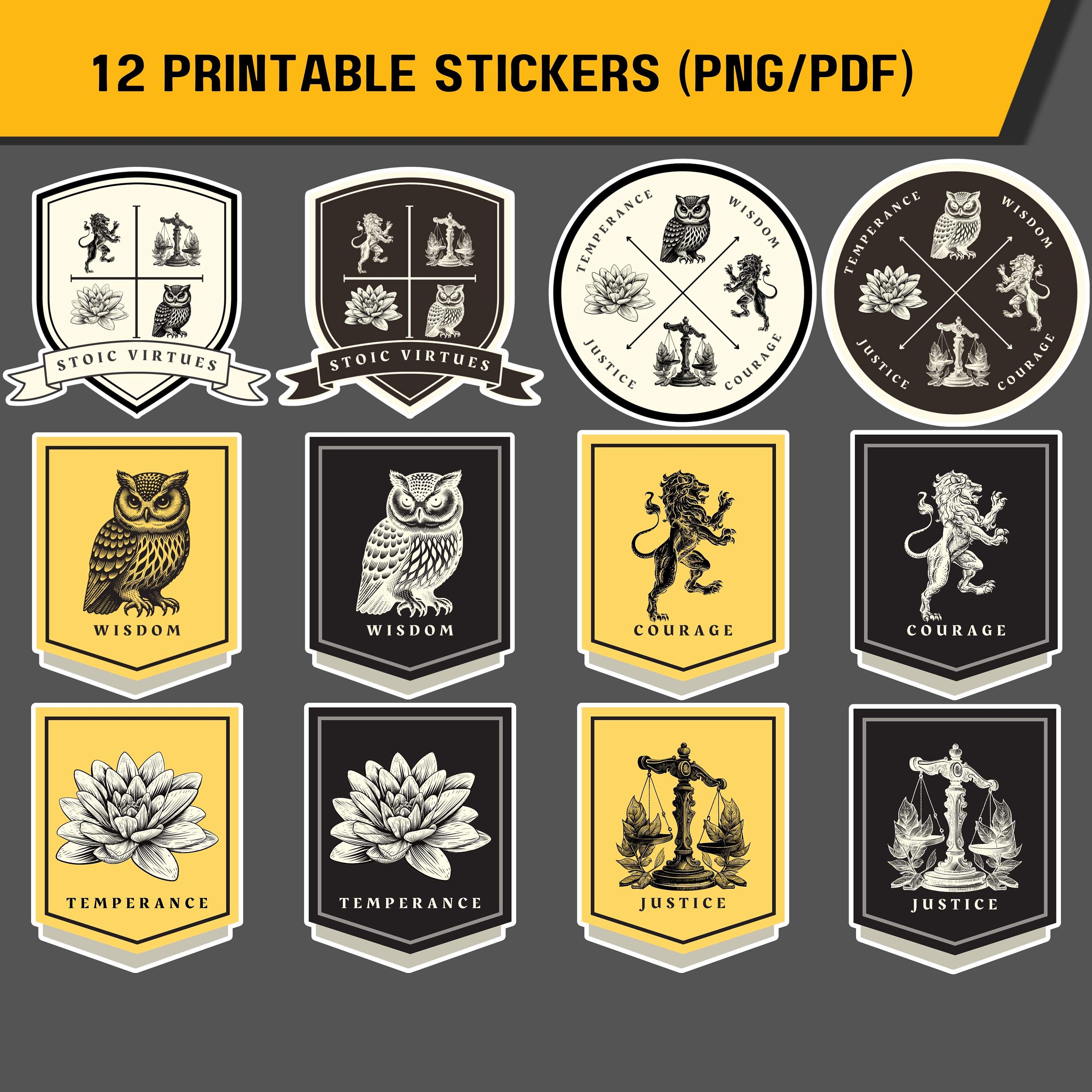 Stoic Virtues Stickers, Stoicism Stickers, Courage, Justice, Wisdom ...