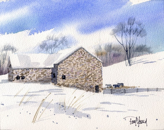 Stone Barn-Print from an original watercolor painting | Etsy