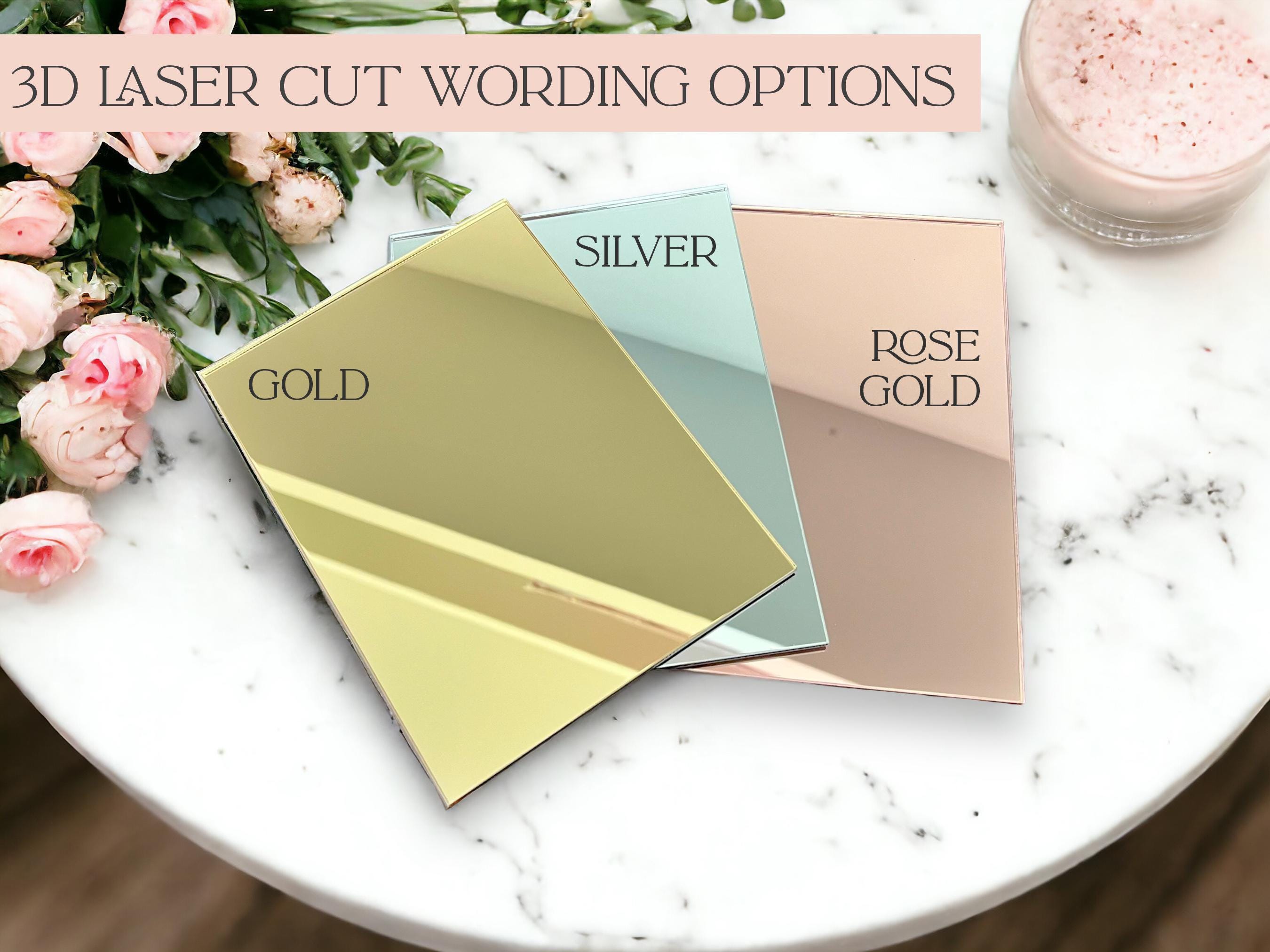 Custom Gold Mirror Laser Cut Cursive Wedding Name Wording Place Card ...