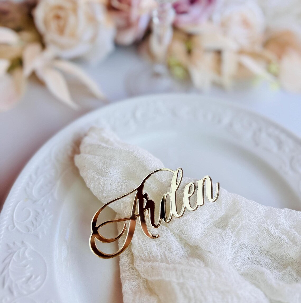 Custom Gold Mirror Laser Cut Cursive Wedding Name Wording Place Card ...