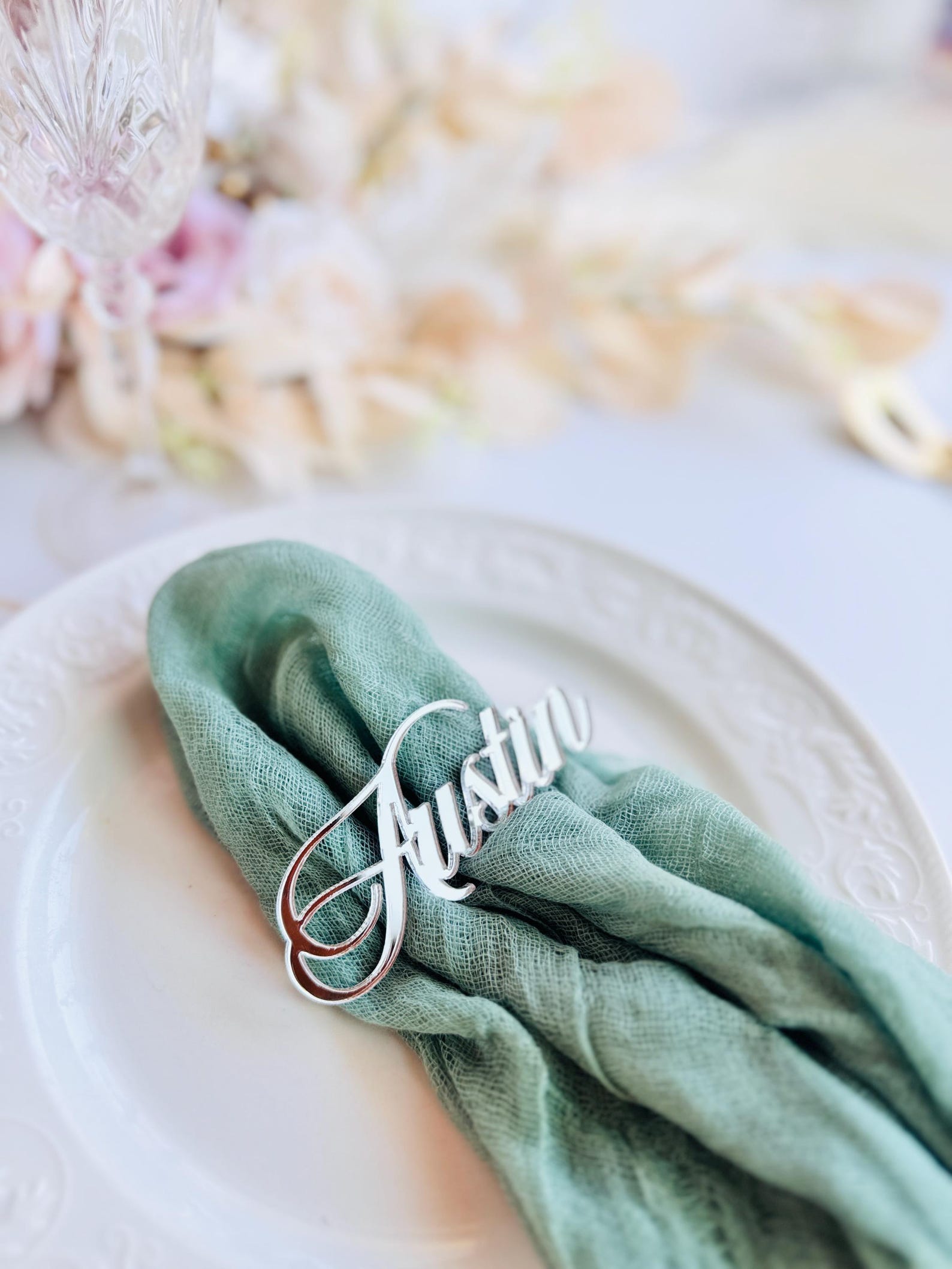 Custom Gold Mirror Laser Cut Cursive Wedding Name Wording Place Card ...