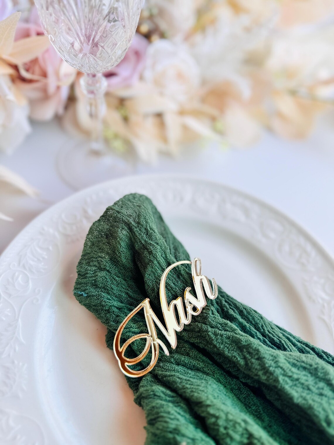 Custom Gold Mirror Laser Cut Cursive Wedding Name Wording Place Card ...