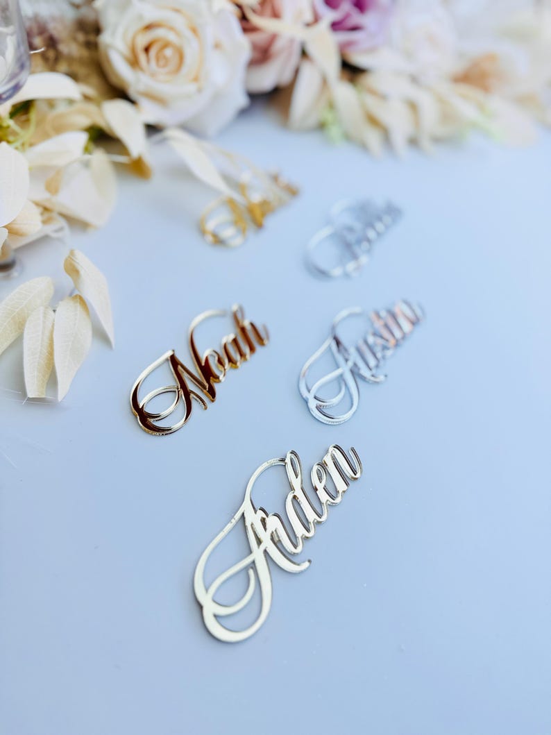 Custom Gold Mirror Laser Cut Cursive Wedding Name Wording Place Card ...