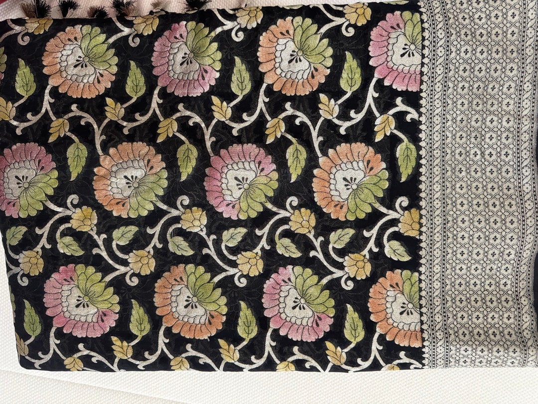 Handwoven Banarsi Khaddi Georgette Silk Saari Black Saree With Golden ...