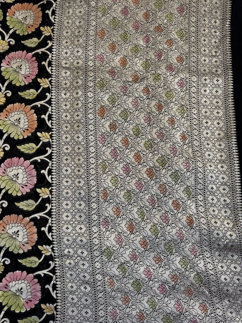 Handwoven Banarsi Khaddi Georgette Silk Saari Black Saree With Golden ...