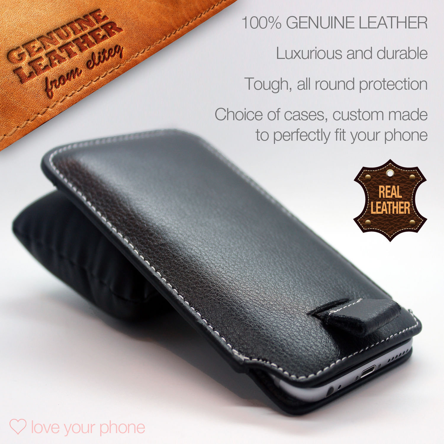 Quality Black Genuine Leather Luxury Pull Tab Flip Pouch Sleeve Phone ...