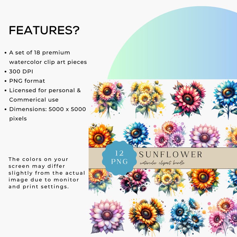 Set of 12, Sunflower Floral Clipart Bundle, Watercolour PNG, Digital ...