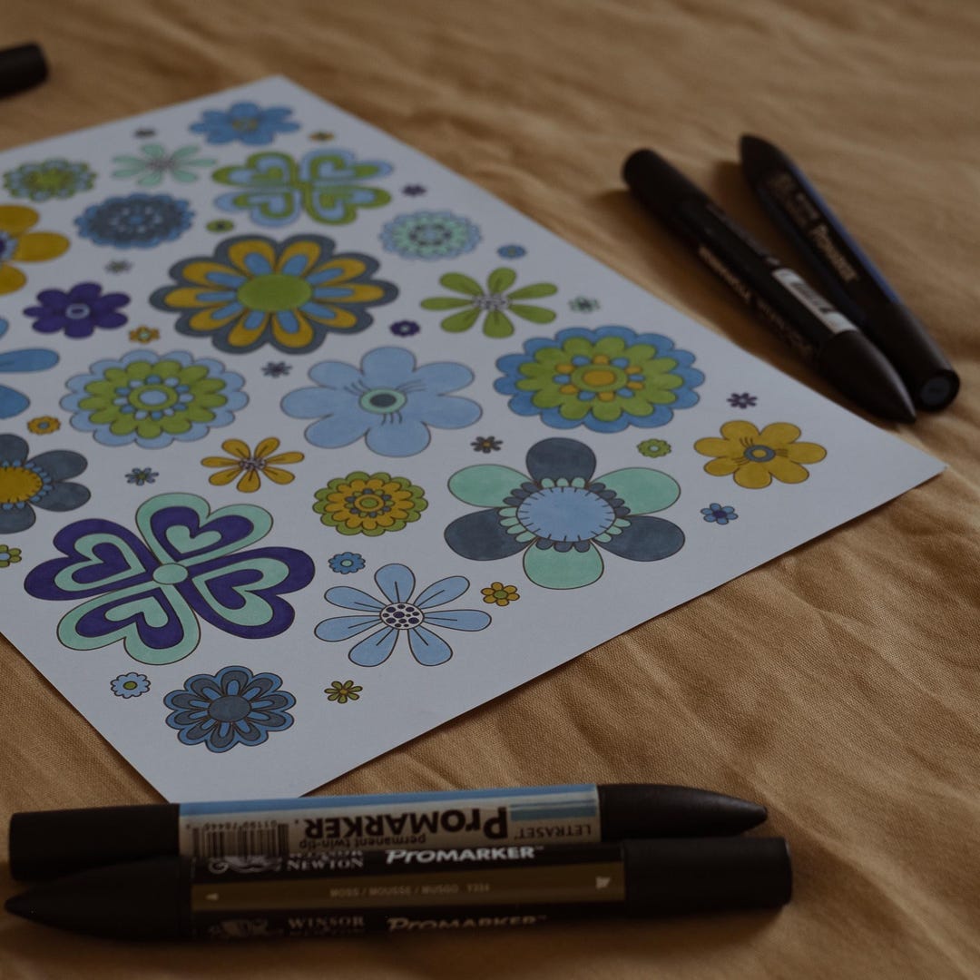 Colouring Page Mindfulness Activity - Flower Power Retro Illustration ...