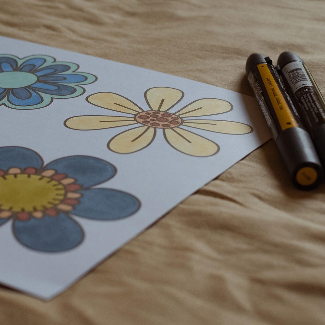 Retro Flowers Colouring in Page - Cozy Autumn Activity - Etsy