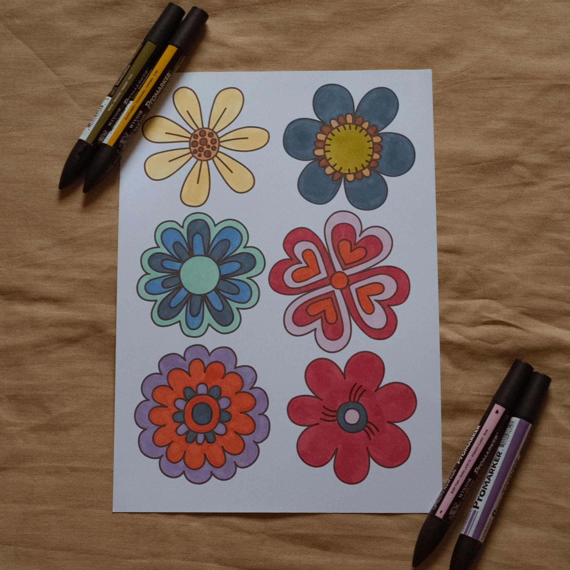 Retro Flowers Colouring in Page Cozy Autumn Activity - Etsy
