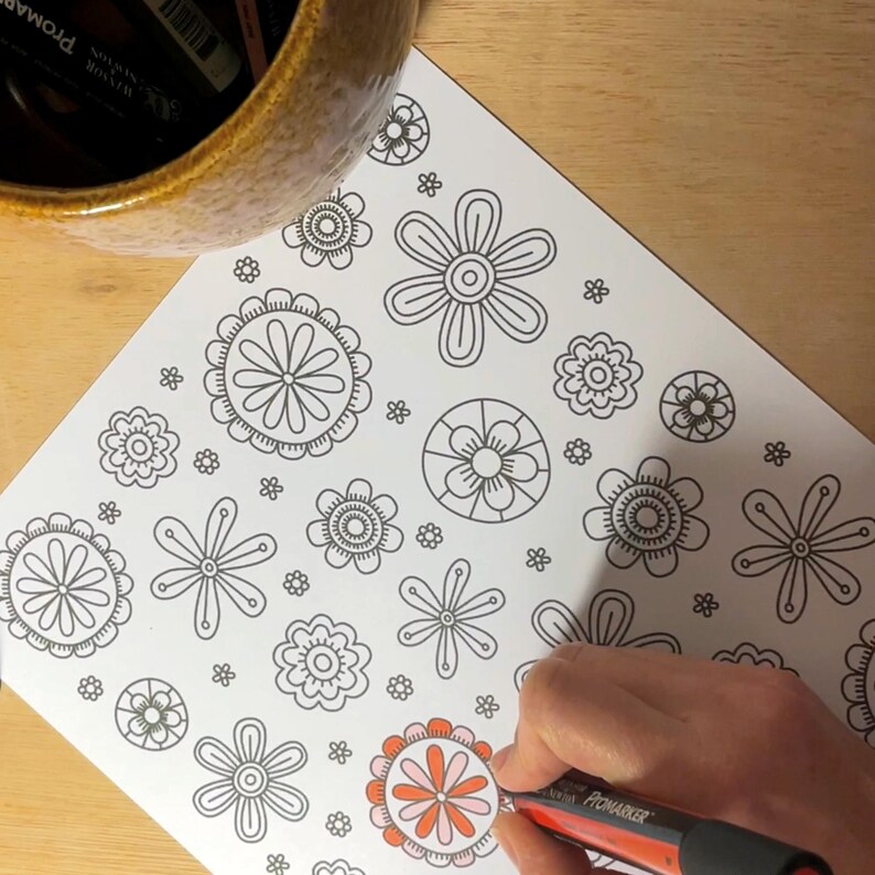 Printable Colouring Page Featuring Illustrative Hand Drawn Flower ...