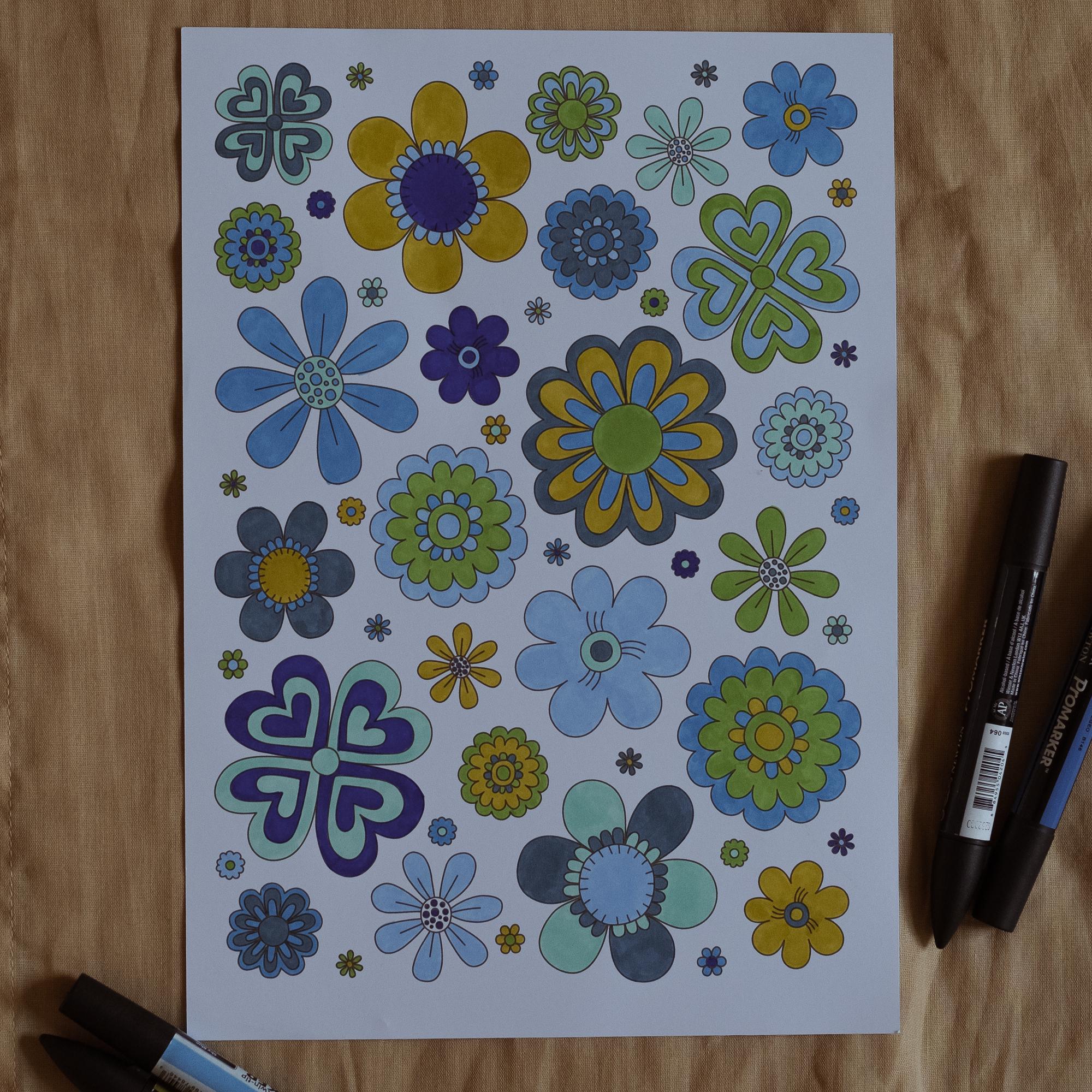 Colouring Page Mindfulness Activity - Flower Power Retro Illustration ...