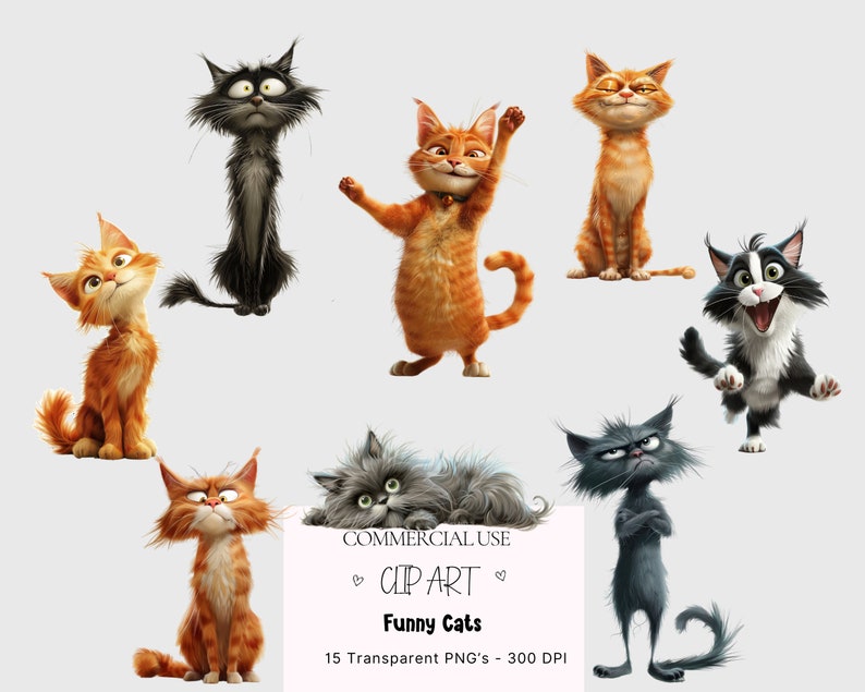 15 Funny and Cute Cat Clipart PNG Bundle Quirky Animals Clip Art ...