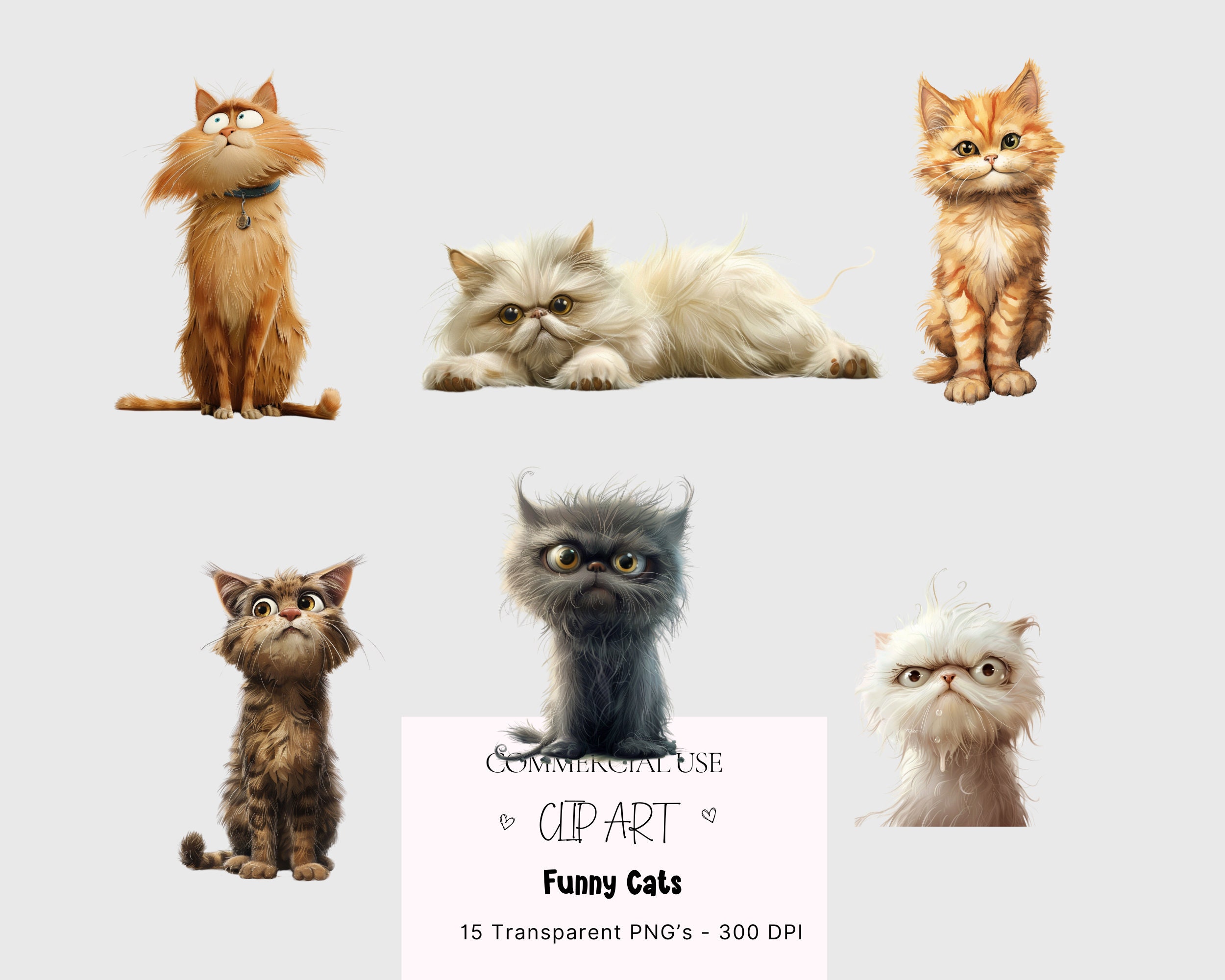 15 Funny and Cute Cat Clipart PNG Bundle Quirky Animals Clip Art ...